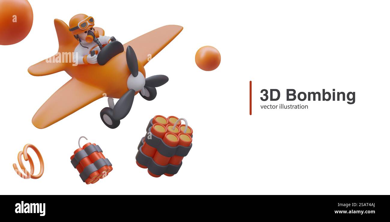 Aerial bombing concept. Pilot in vintage airplane drops dynamite ...