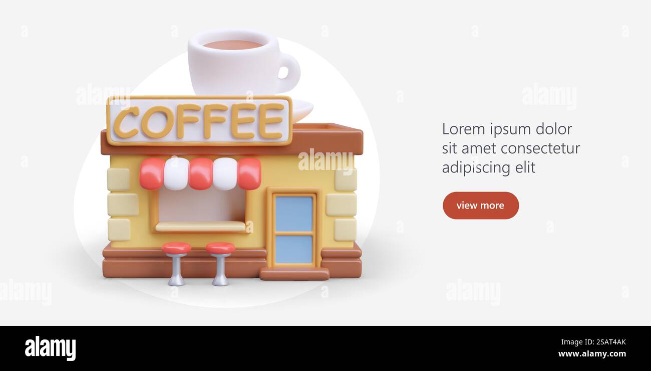 3D coffee shop, front view. Cute building with striped canopy and ...