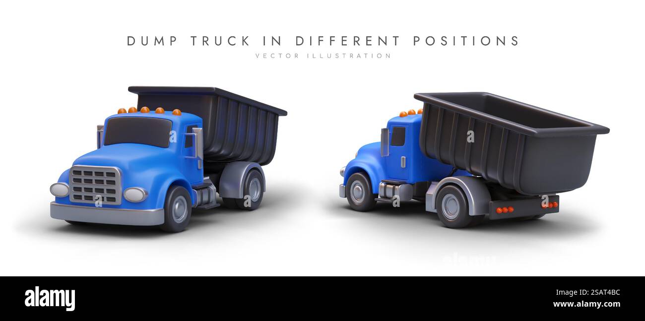 Set of 3D dump trucks in different positions. Vector object, front and ...