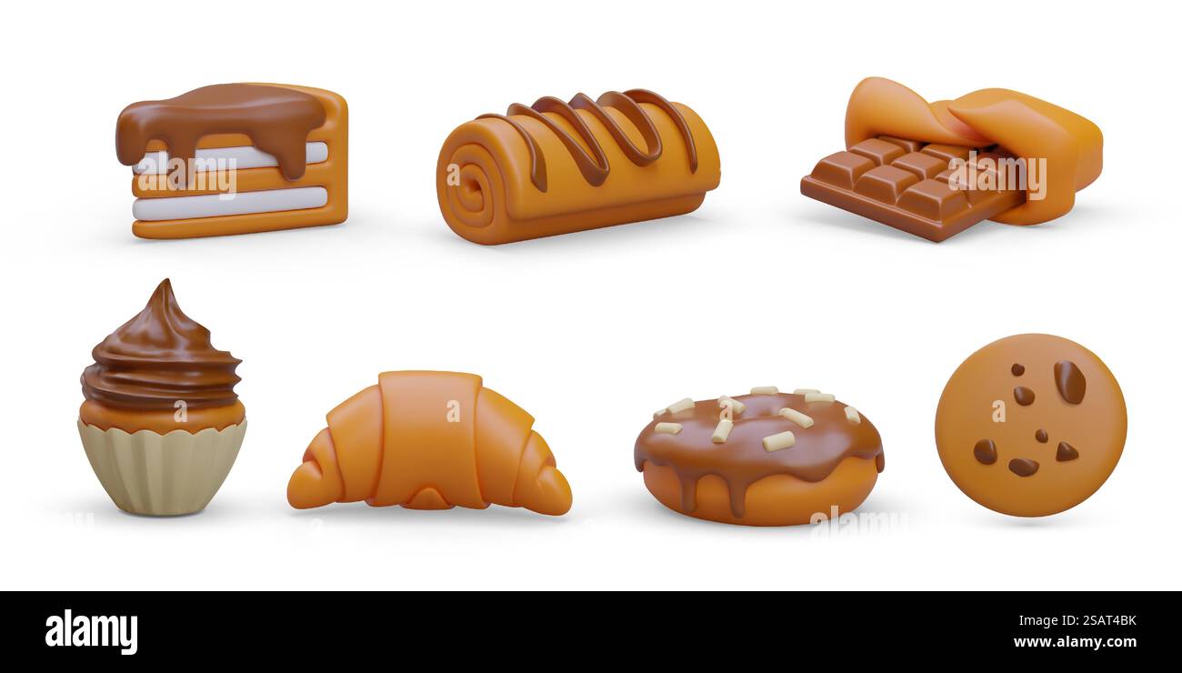 Set of 3D pastries and sweets. Isolated vector image with shadows on ...