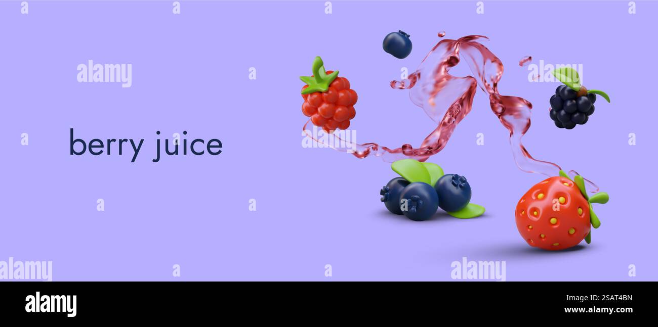 Berry juice. Realistic strawberry, blueberry, raspberry, blackberry ...