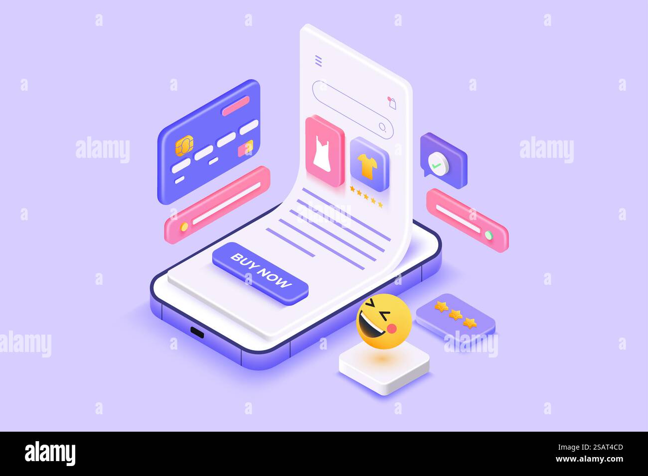 3D Render isometric view Online shopping. Smart concept of M-commerce. 3D floating related ...