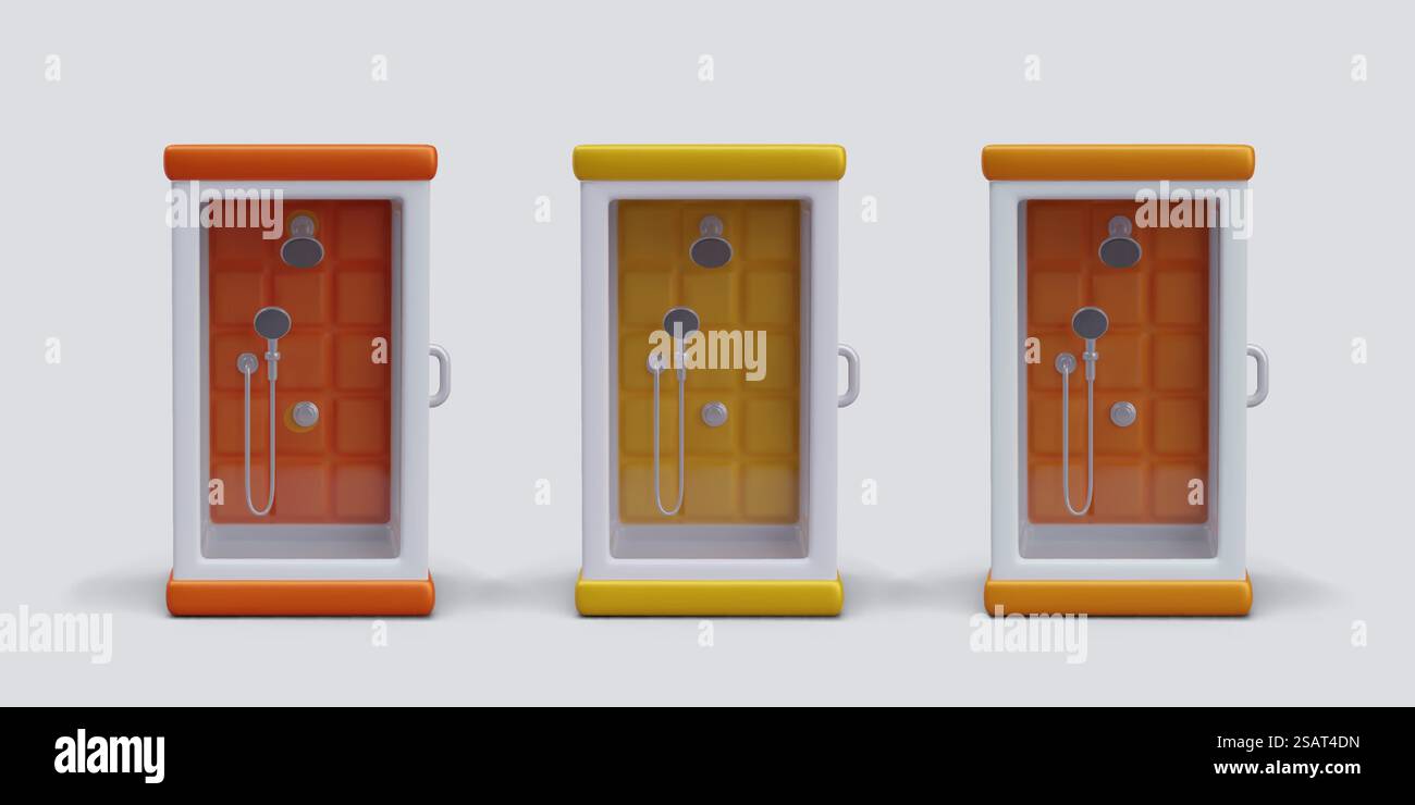 Shower cabin, front view. Set of illustrations in different colors. Red ...