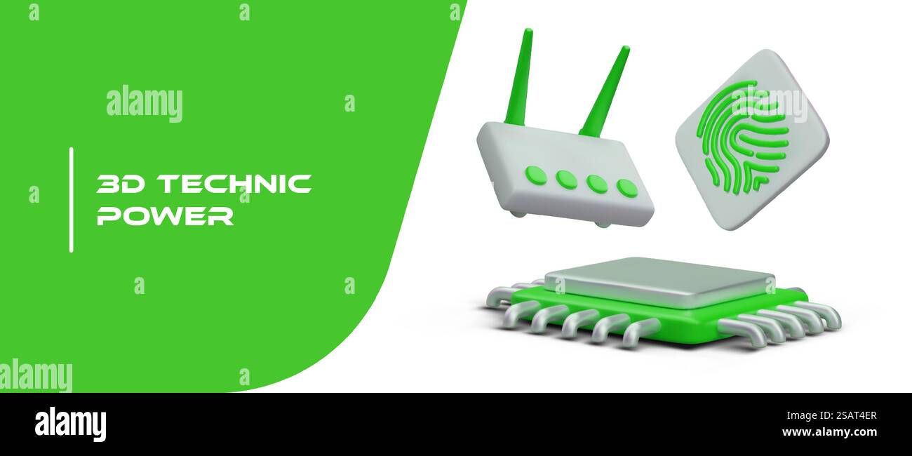 Technical power. 3D green microprocessor, router, fingerprint. Wireless ...