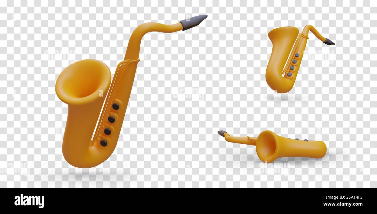 Set of realistic saxophones in different positions. Golden brass ...