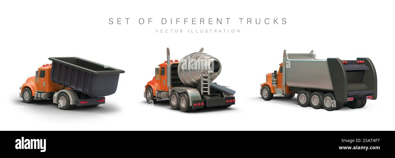 Set of 3D trucks with orange cab, rear view. Industrial trucks with ...