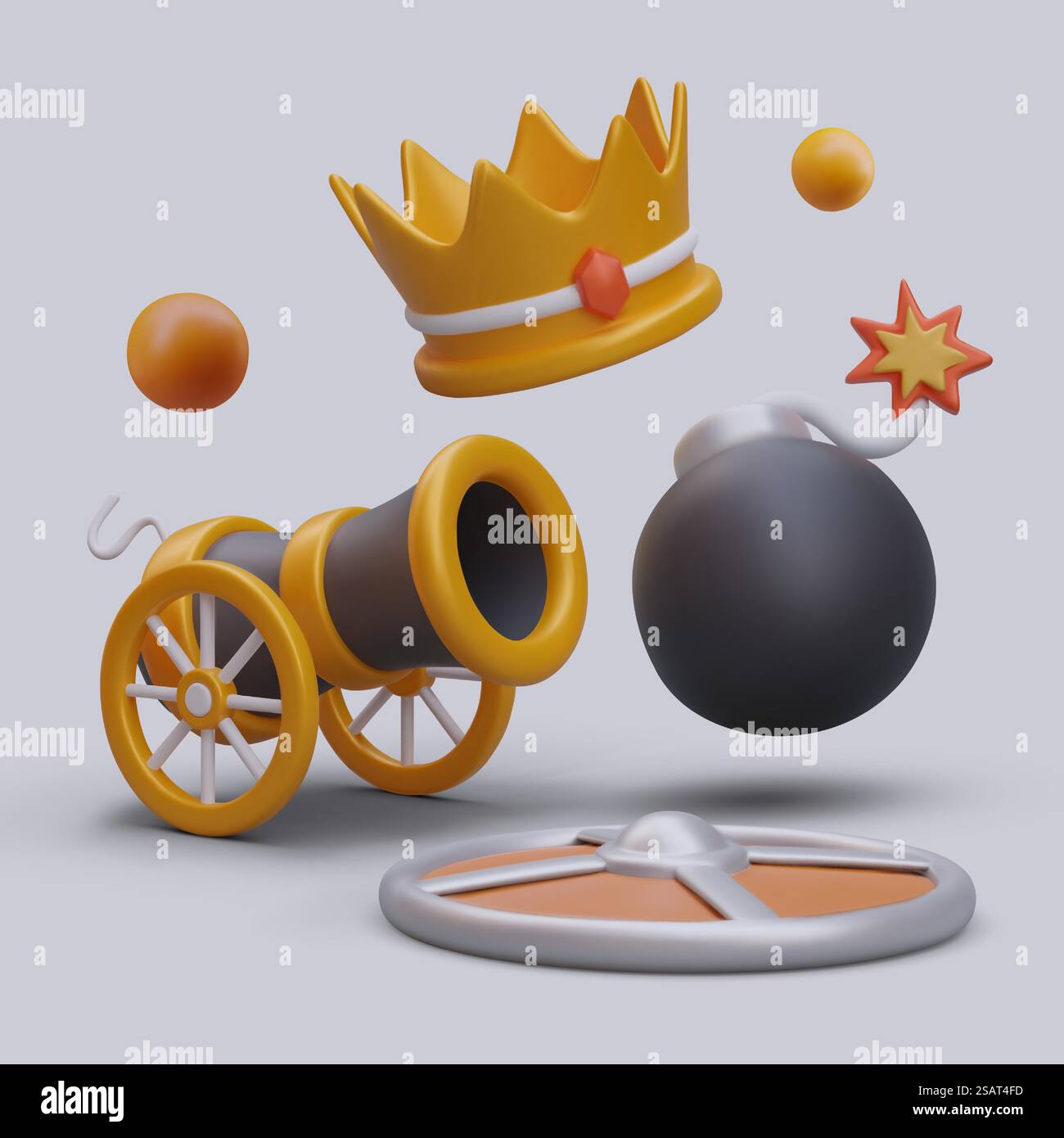 3D golden crown, wheel cannon, shield, cannonball. Game vector concept ...