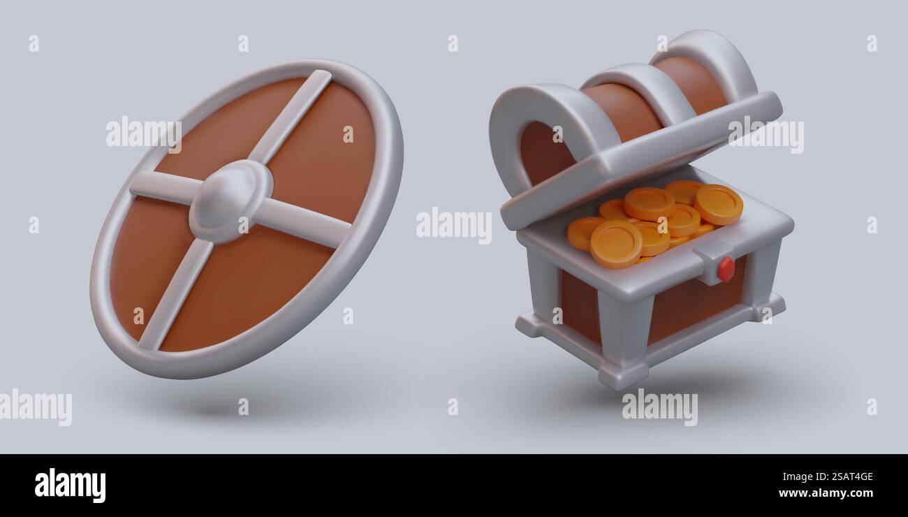 Set of 3D game images. Round shield with metal edge, open chest with ...