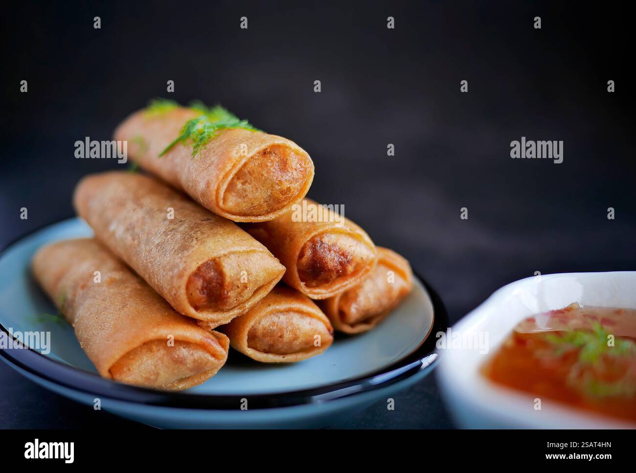 Deep fried spring roll in golden brown color, served in a blue oval shape plate, famous local ...