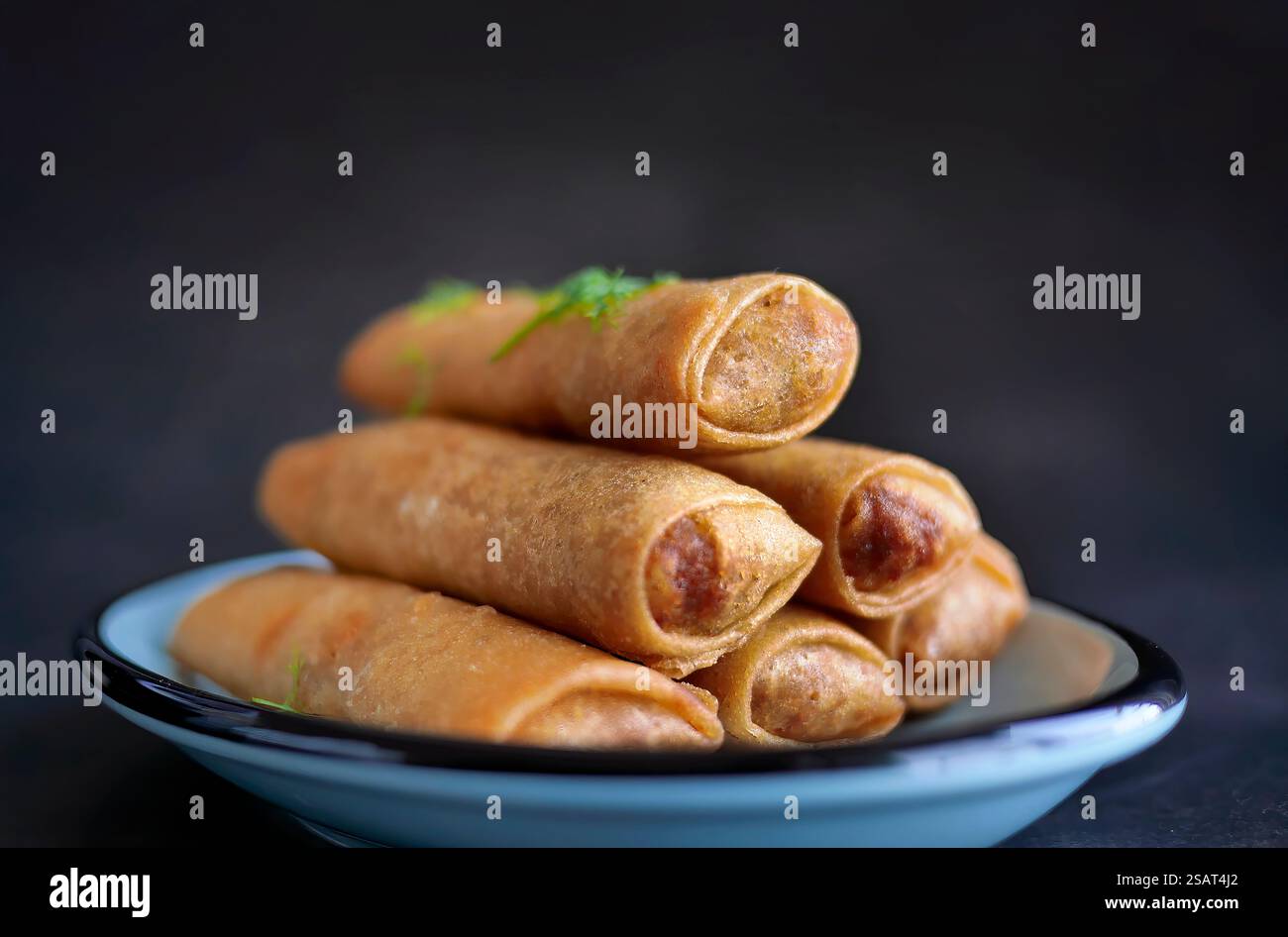 Deep fried spring roll in golden brown color, served in a blue oval shape plate, famous local ...