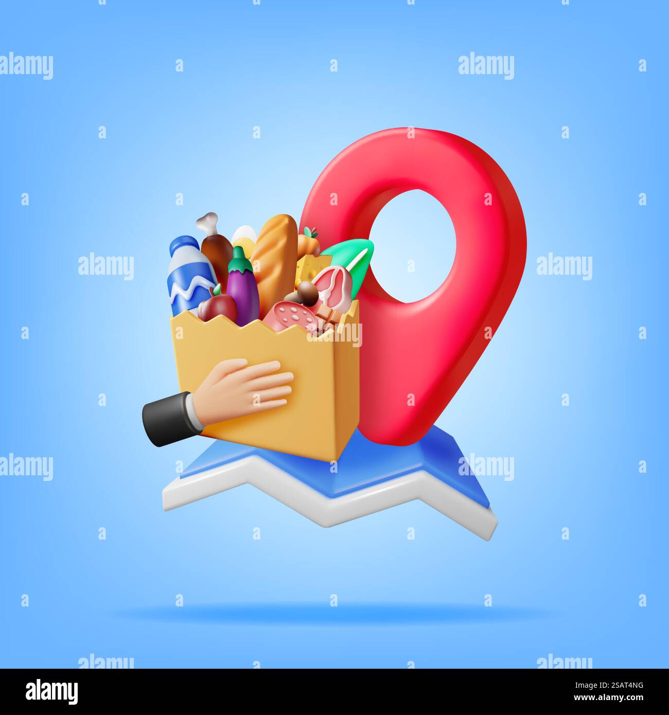 3D Shopping Grocery Bag with Map and Location Pin. Render Grocery Store ...