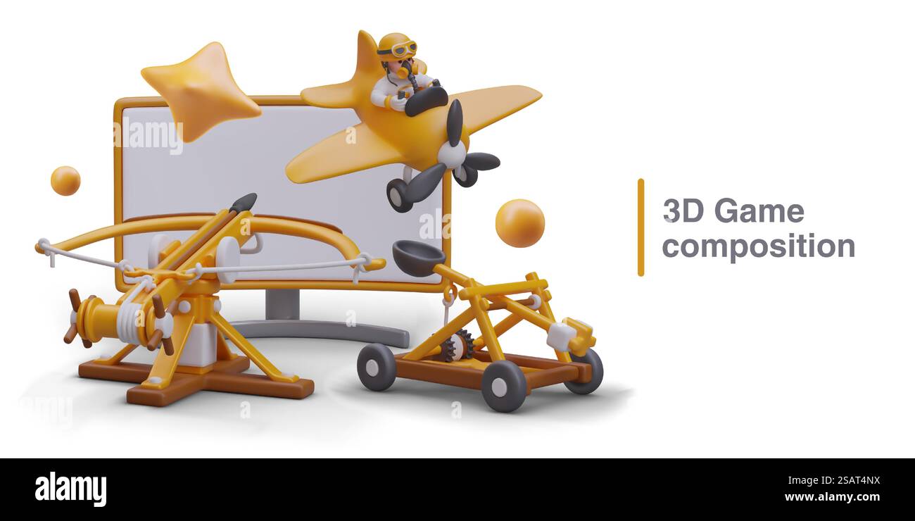 3d realistic monitor, crossbow, catapult and cartoon character flying ...