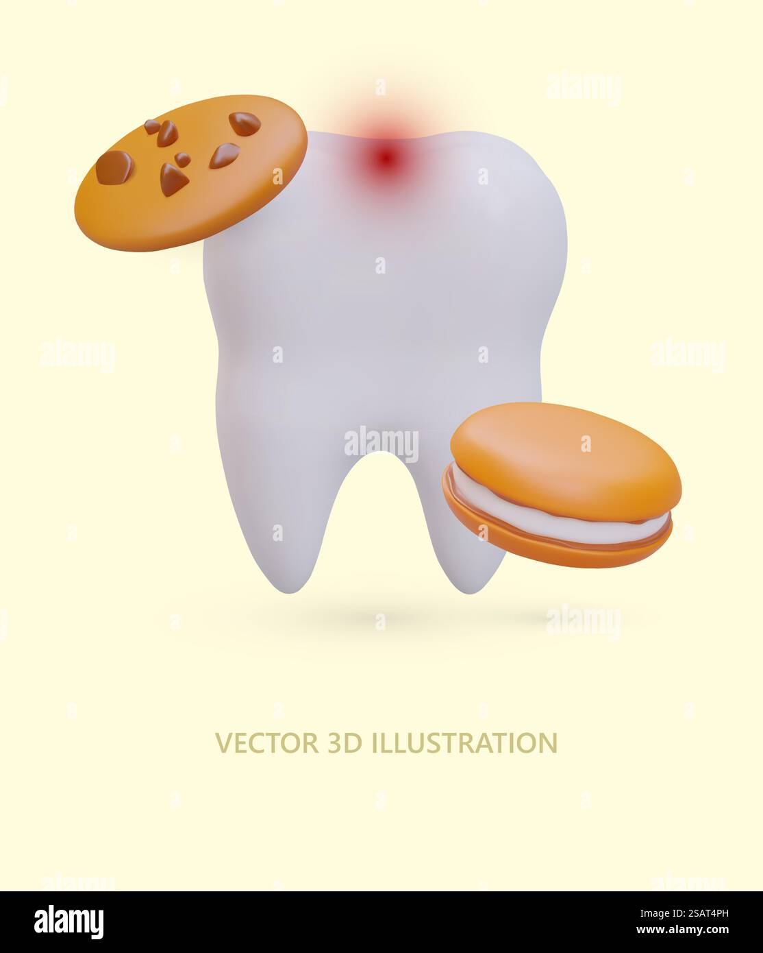 3D tooth, sweet cookie. Violation of oral hygiene. Tooth enamel damage ...