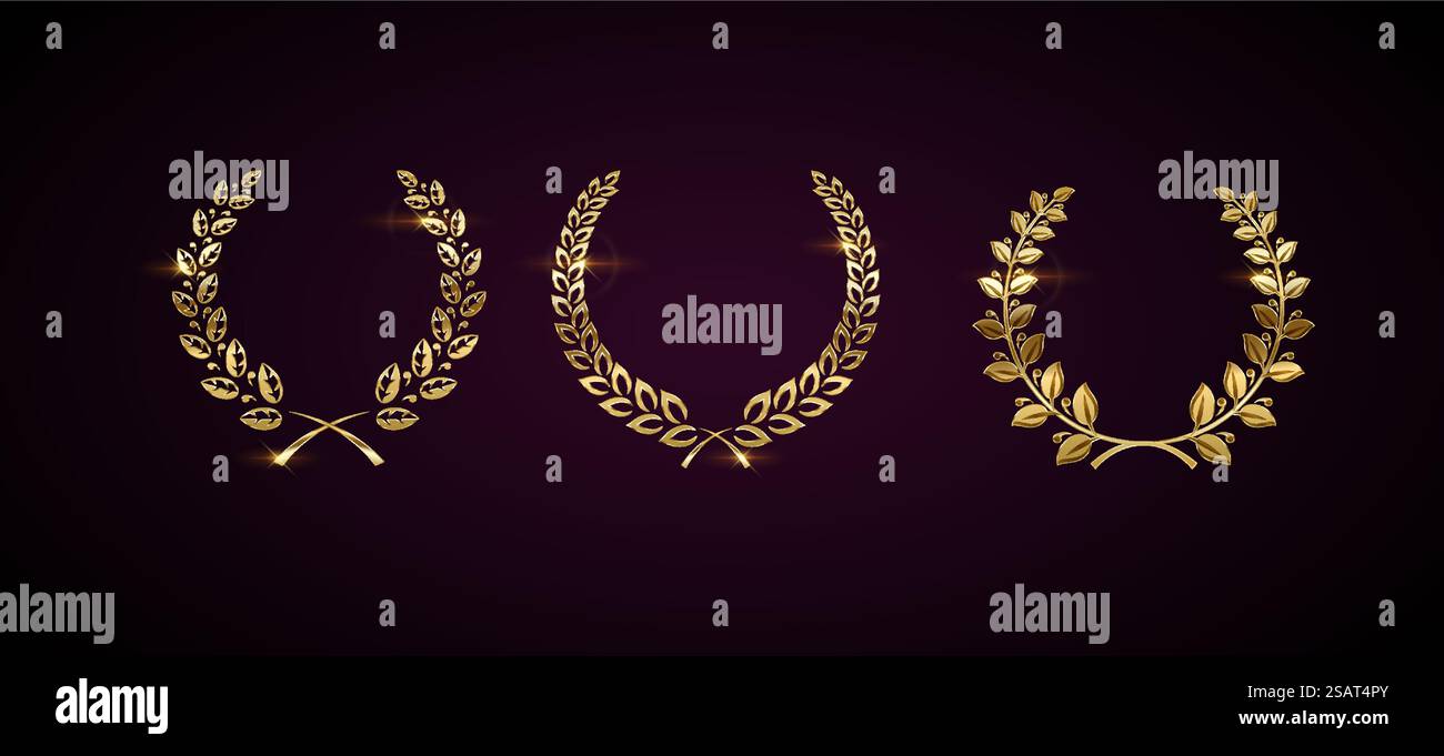 Glaring golden laurel wreaths realistic vector illustration set ...