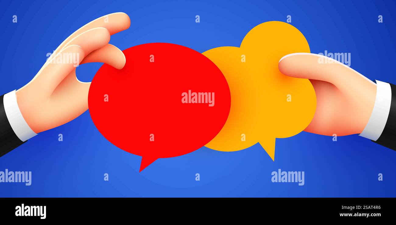 Hands holding a chat bubble. Communication concept. 3d cartoon style ...