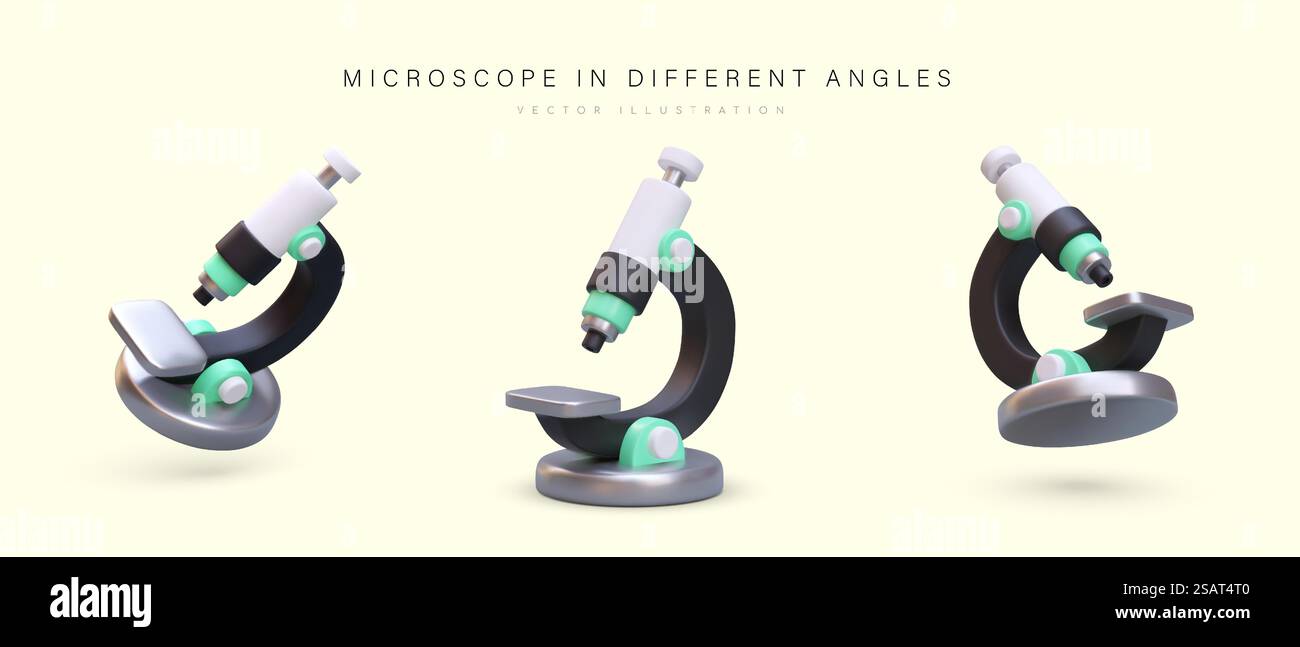 Set of microscopes in different positions. Metal, plastic, glass ...