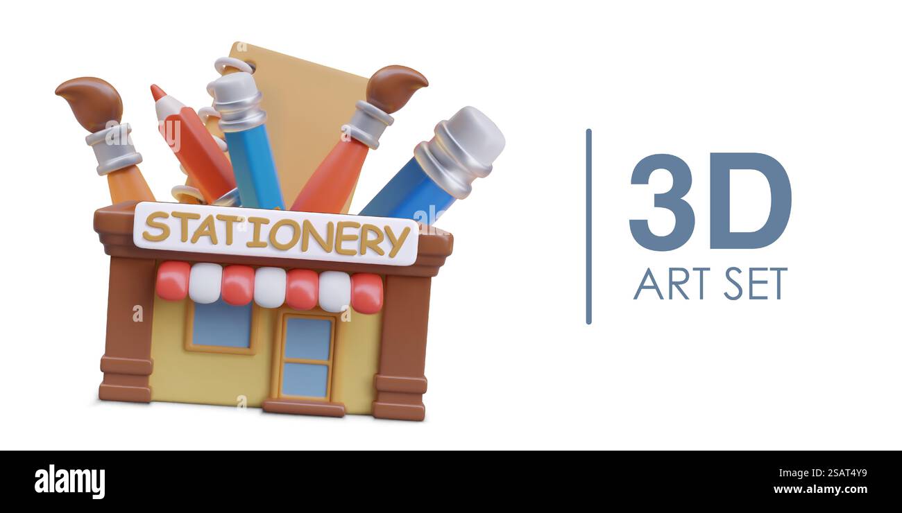 Concept for stationery store, art set. Colorful building with giant ...