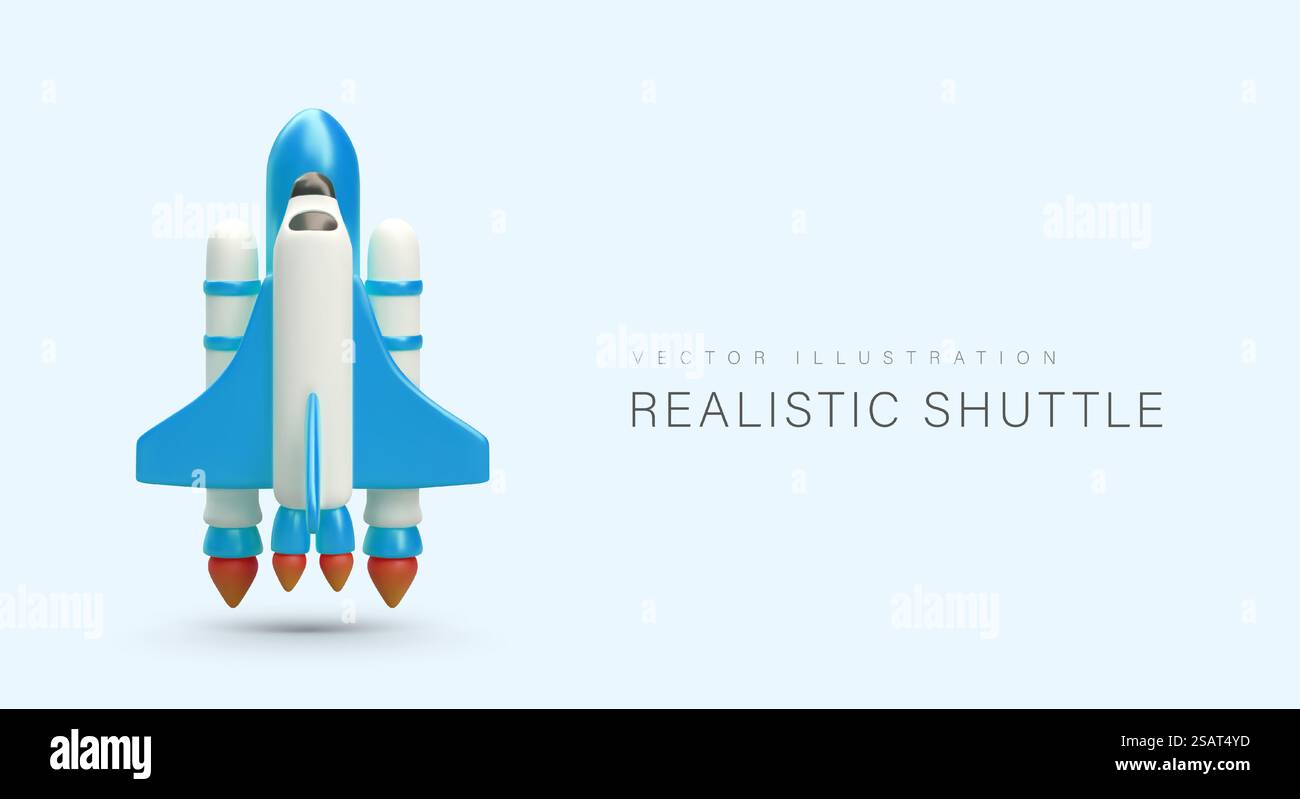 Vertical launch of realistic shuttle. Spacecraft with rocket engines ...
