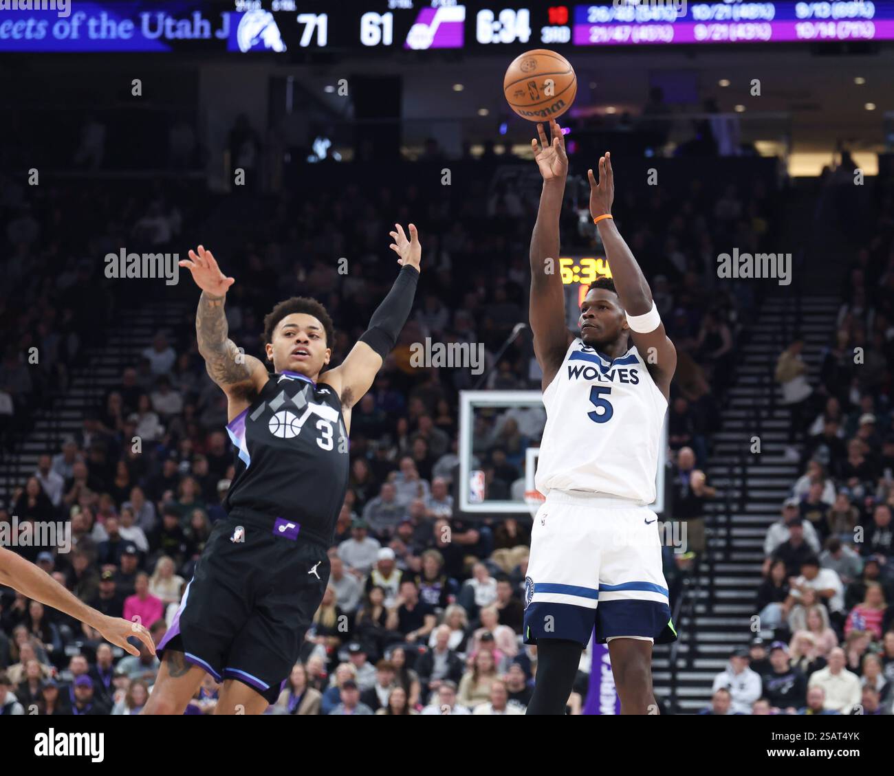 Minnesota Timberwolves guard Anthony Edwards (5) takes a 3-point shot ...