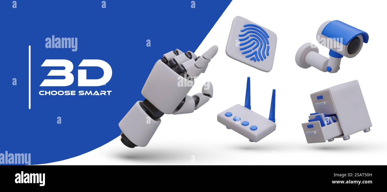 Choose smart. Realistic robotic hand pointing at image. Set of vector ...