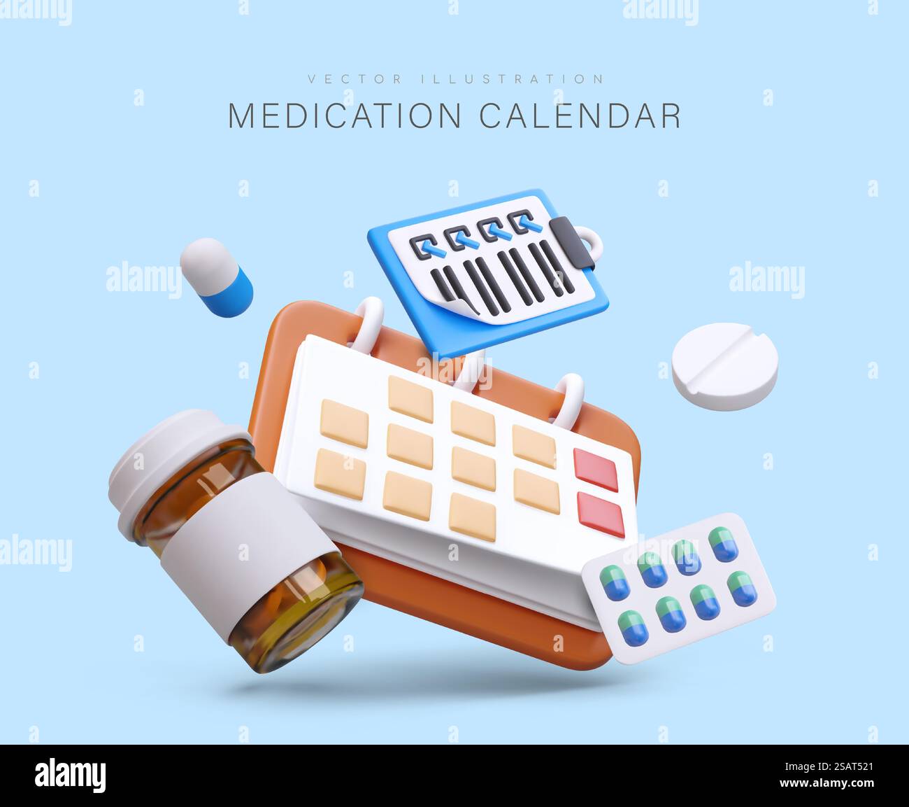 3d calendar, jar with drug and blister pack with pills. Medication ...