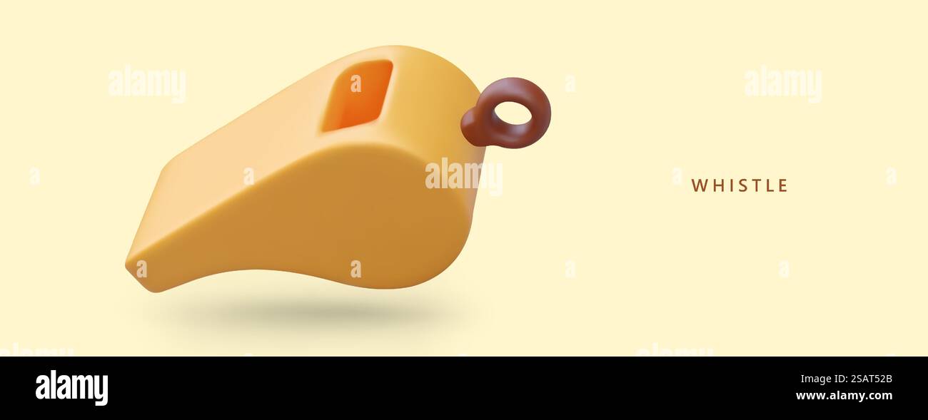3d realistic whistle in yellow colors. Poster with sound element ...