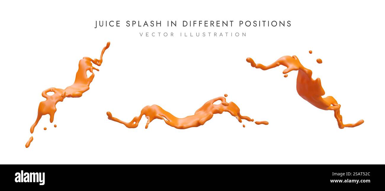 Realistic color splashes in different positions. Spilled mango, orange ...