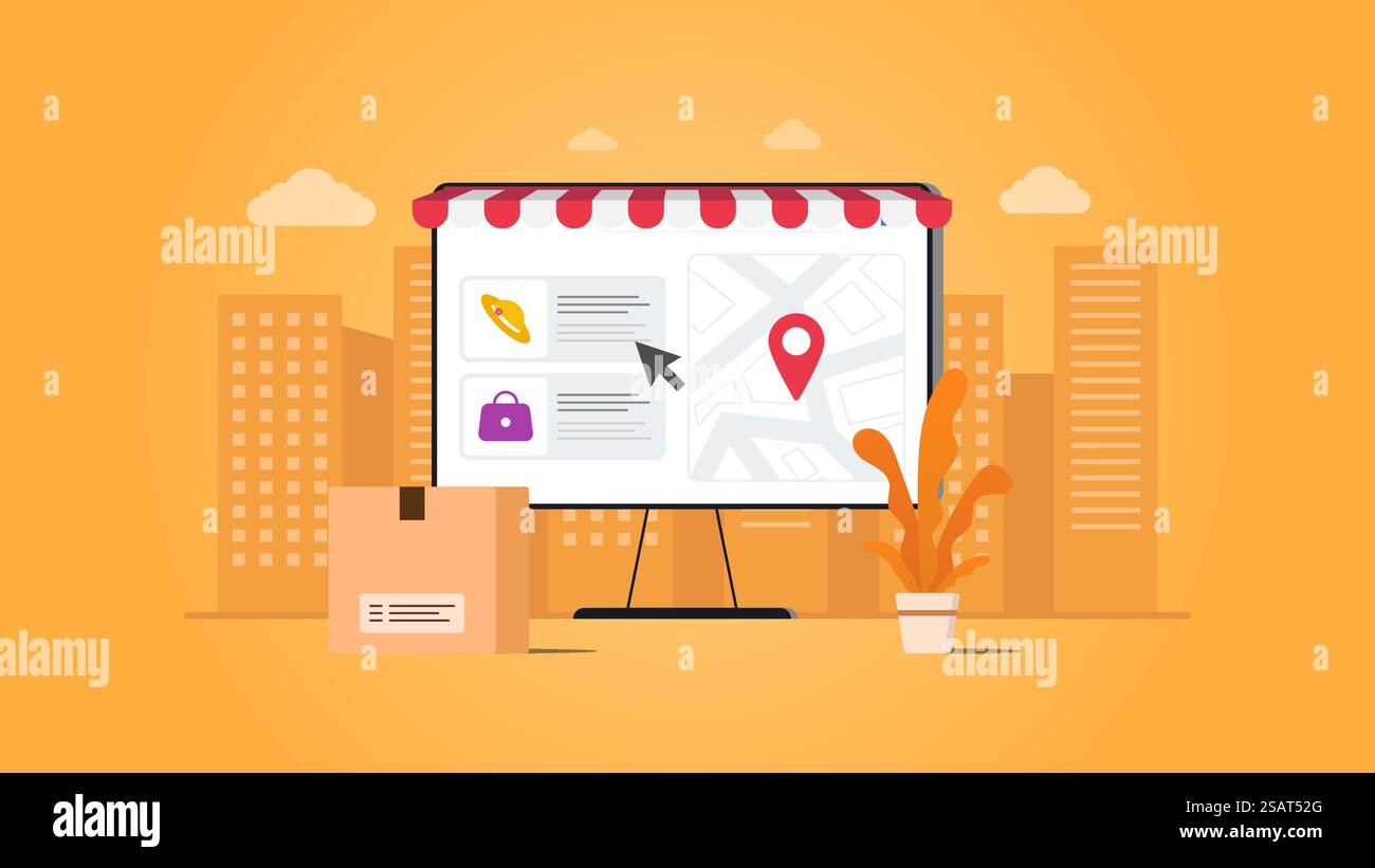Online store. Showing product and location. Vector illustration with ...