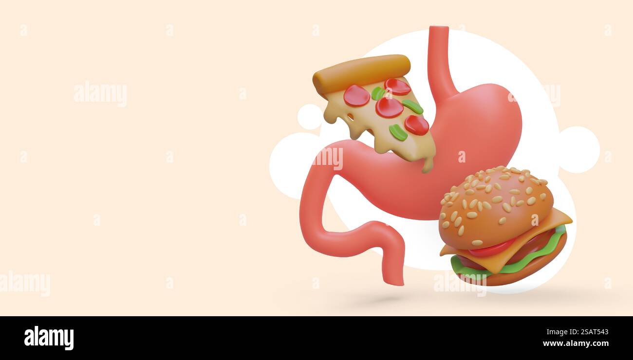 Realistic stomach and fast food. Fat pizza, big hamburger. Load on ...