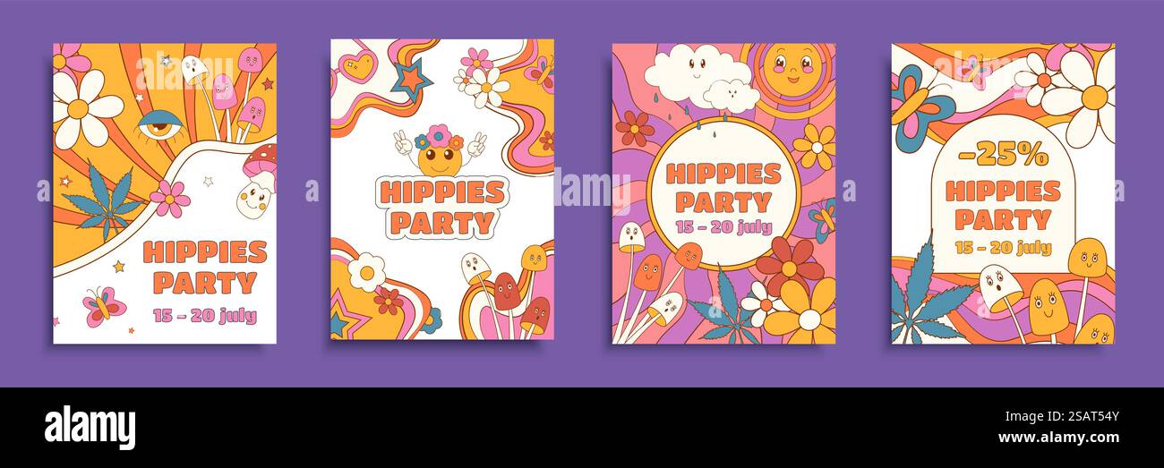 Hippies party cover brochure set in flat design. Poster templates with ...