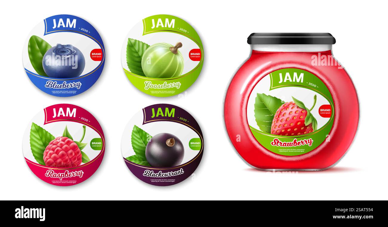 Realistic berry jam labels. Stickers on jars, sweet dessert product ...