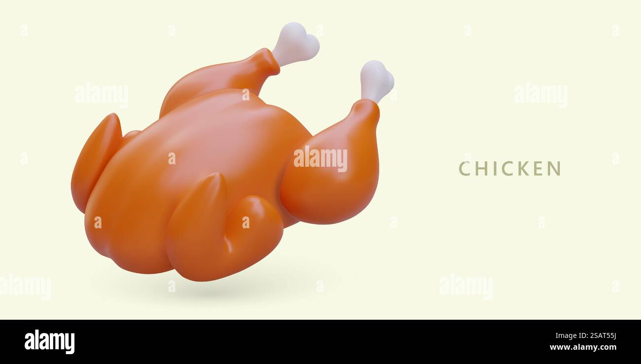 3D whole chicken grill. Baked bird. Delicious meat dish. Barbecue ...