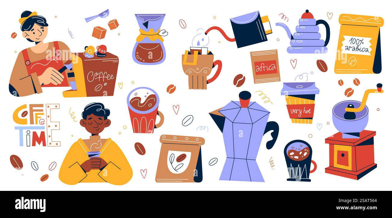 Cartoon coffee elements. Different hot drink utensils, barista and ...