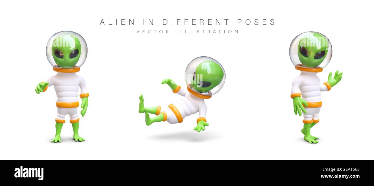 Green aliens in spacesuits. Humanoids in different poses. Set of vector ...