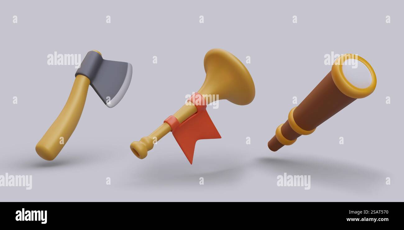 3D axe, bugle with red flag, spyglass. Game illustrations in cartoon ...