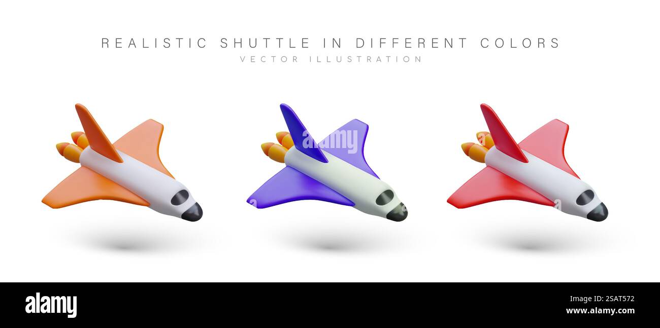 3D shuttle, set in different colors. Gliding spaceship. Space ...