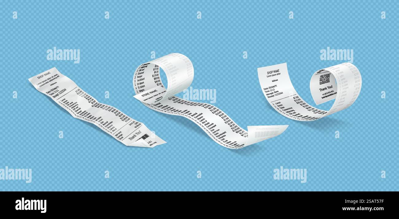 Financial checks for goods realistic vector illustration set. Bills for ...