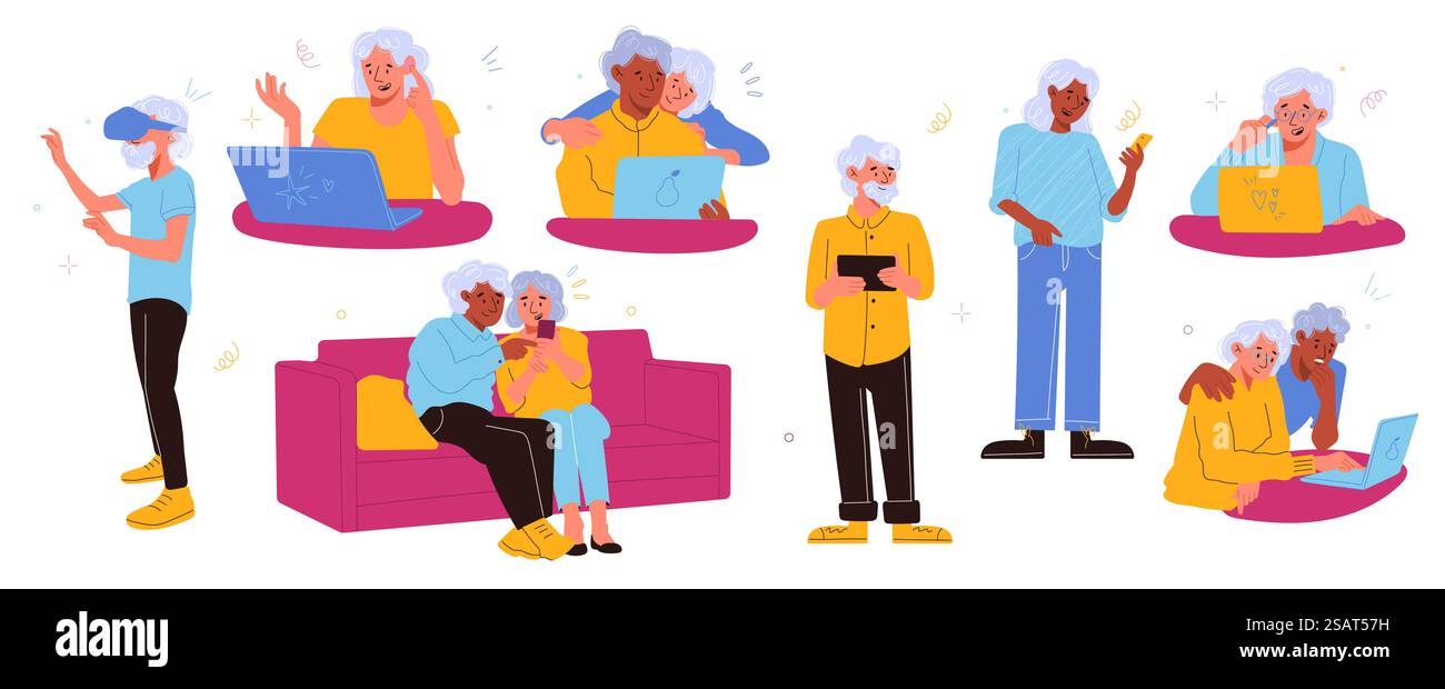 Modern senior people gadgets. Happy elderly characters with different ...