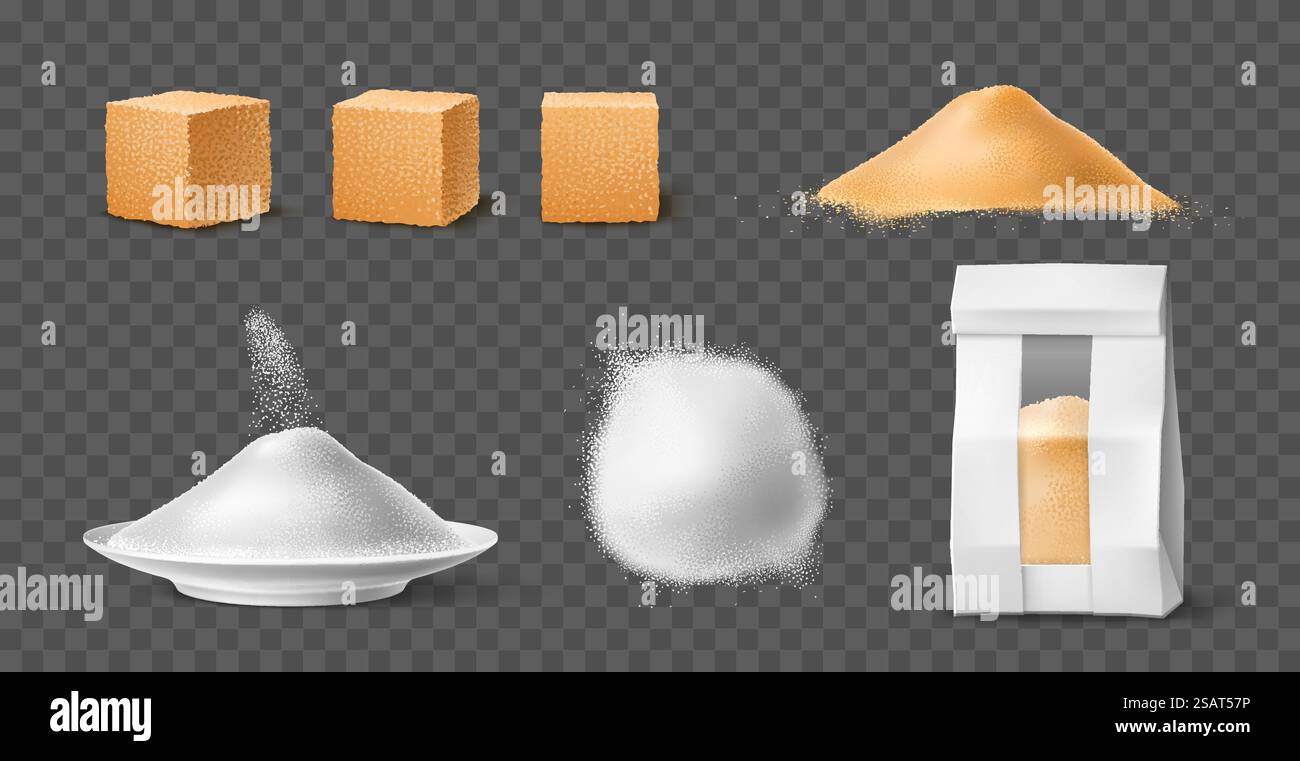 Realistic sugar. Sucrose powder and lumps, brown cane cubes and white ...