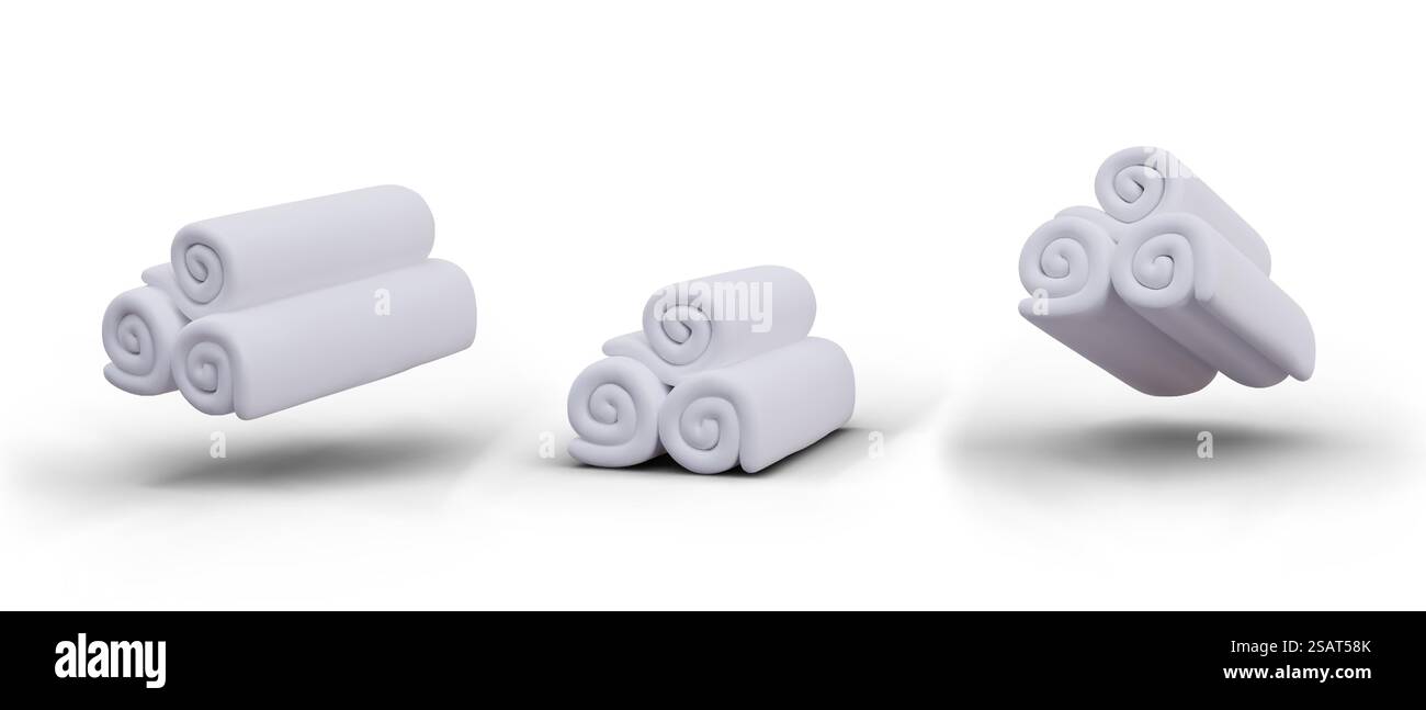 Stack of rolled white towels. Fabric for wiping, absorbing moisture ...