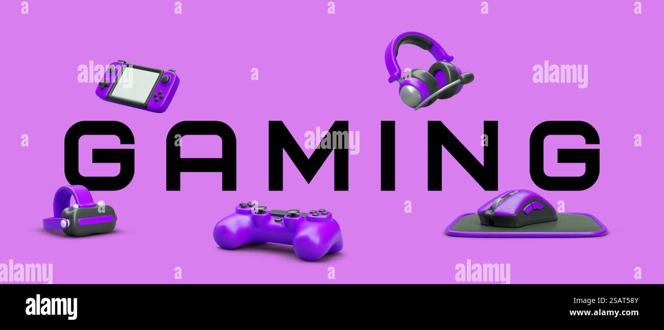 Gaming. Giant inscription with 3D floating objects. Deep purple ...