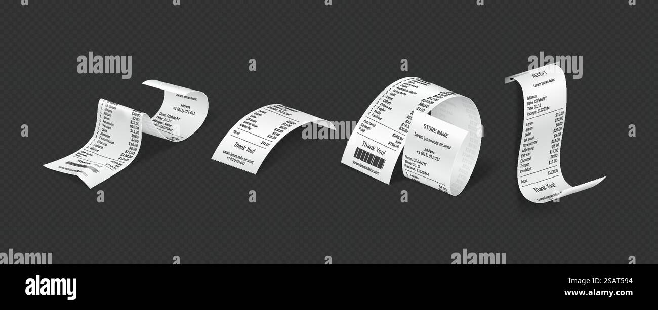 Financial checks for goods realistic vector illustration set. Bills for ...