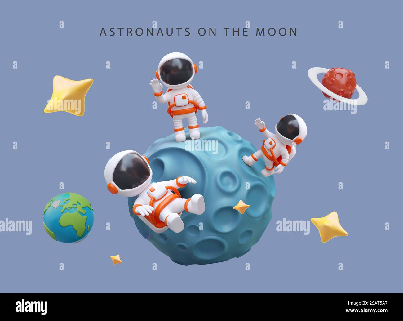 Astronauts on moon. Cosmonaut on dead planet. 3D illustration in ...