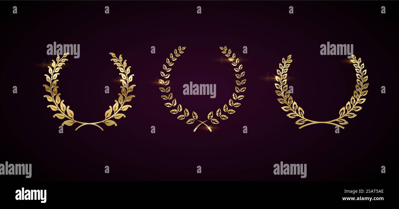 Glaring golden laurel wreaths realistic vector illustration set. Premium rewards for champion 3d ...
