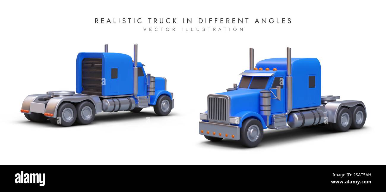 Realistic tractor unit with blue cab, front and rear view. Truck ...