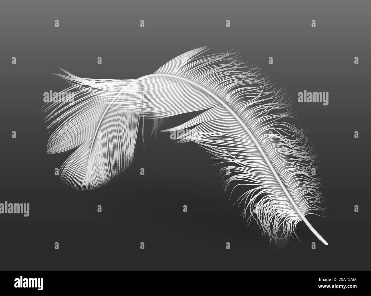Flying white single feather realistic vector illustration on black ...
