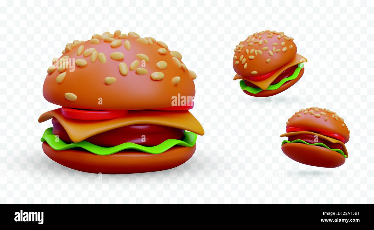 Set of realistic layered burgers in different positions. Round bun ...