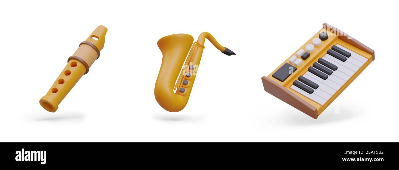 3d collection of different instruments. Realistic flute, gold saxophone ...