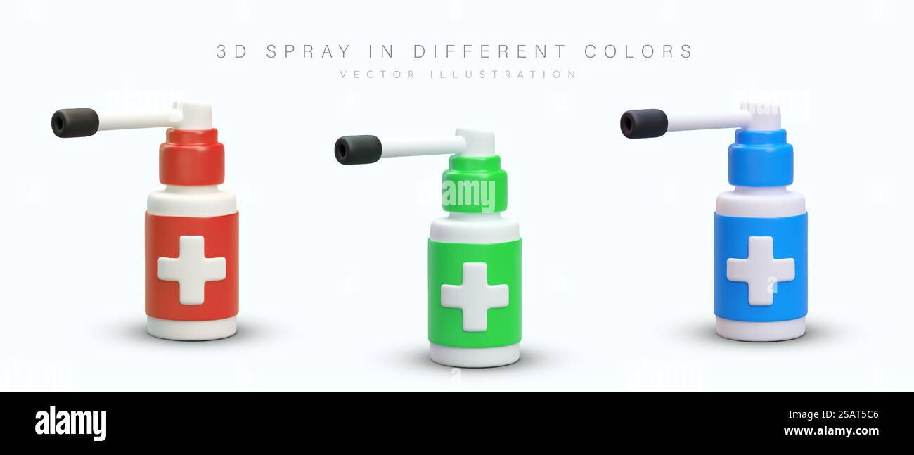 3D mouth and throat spray. Medical aerosol in bottle with long nozzle ...