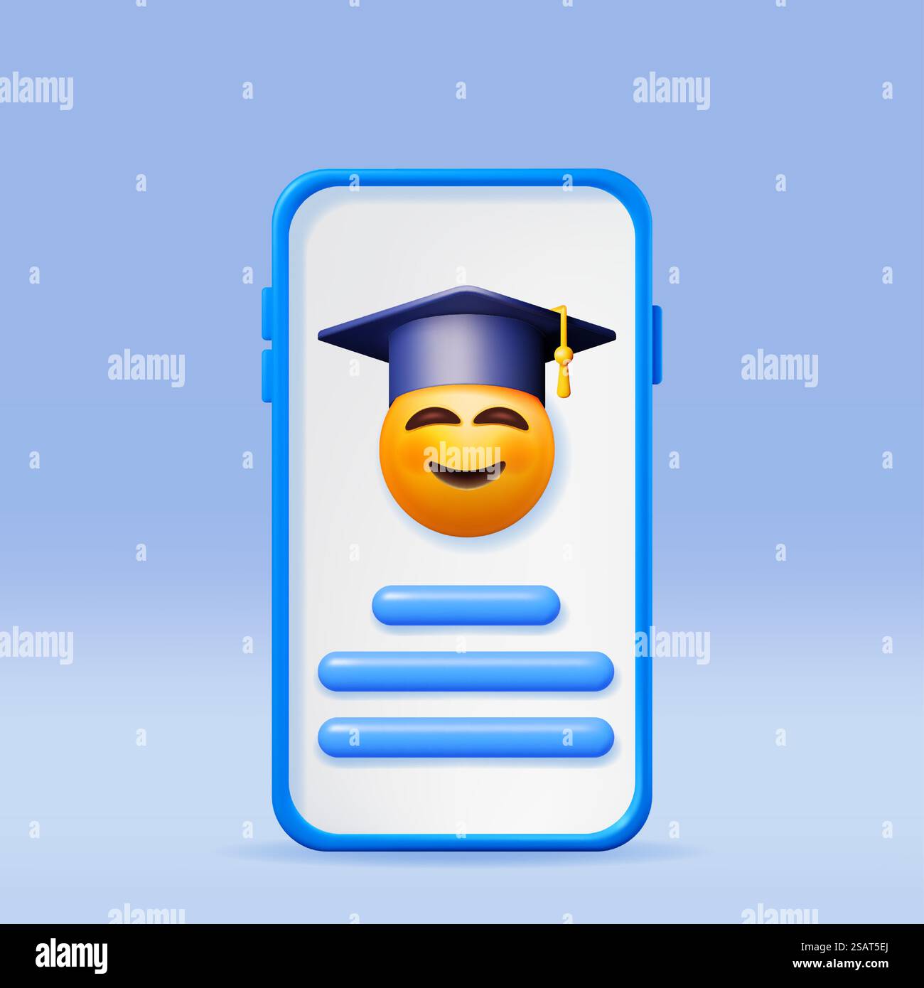 3D Happy Smiling Emoticon in Graduate Cap in Phone. Render Smartphone ...